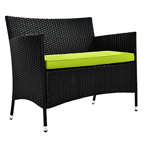 SAWQF 4PCS Patio Furniture Outdoor Garden Conversation Set Black Wicker 2 Armchairs+1 Double Sofa+1 Table w/Green Cushion