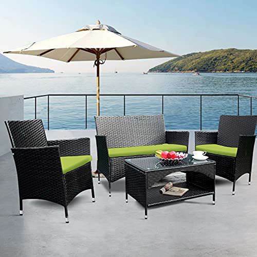 SAWQF 4PCS Patio Furniture Outdoor Garden Conversation Set Black Wicker 2 Armchairs+1 Double Sofa+1 Table w/Green Cushion