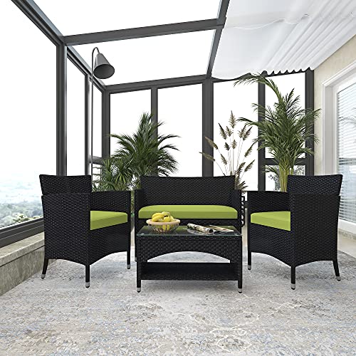 SAWQF 4PCS Patio Furniture Outdoor Garden Conversation Set Black Wicker 2 Armchairs+1 Double Sofa+1 Table w/Green Cushion