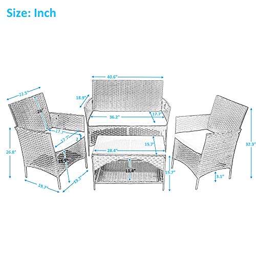 SAWQF 4PCS Patio Furniture Outdoor Garden Conversation Set Black Wicker 2 Armchairs+1 Double Sofa+1 Table w/Green Cushion