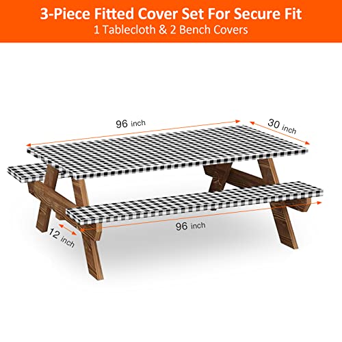 KENOBEE 8ft Picnic Table and Bench Fitted Tablecloth Cover, 96"x30" Flannel Backing Elastic Edge Waterproof Wipeable Plastic Cover Vinyl Tablecloth for Home Goods Indoor Outdoor Patio, Black-White