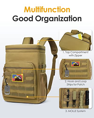 TACTICISM Backpack Cooler 38 Cans Tactical Lunch Backpack for Men Work - Molle Soft Cooler Backpack Insulated Waterproof Leak Proof - Camping Beach Kayaking Hiking Fishing Accessories - Brown