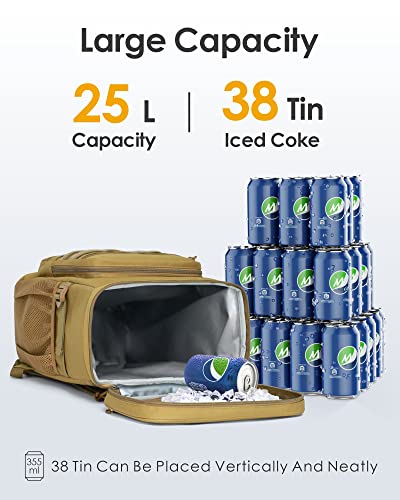 TACTICISM Backpack Cooler 38 Cans Tactical Lunch Backpack for Men Work - Molle Soft Cooler Backpack Insulated Waterproof Leak Proof - Camping Beach Kayaking Hiking Fishing Accessories - Brown