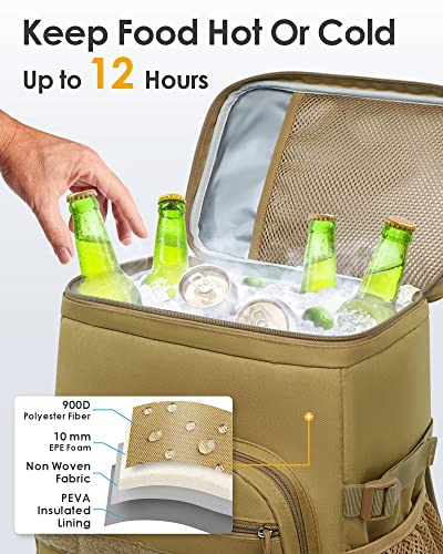 TACTICISM Backpack Cooler 38 Cans Tactical Lunch Backpack for Men Work - Molle Soft Cooler Backpack Insulated Waterproof Leak Proof - Camping Beach Kayaking Hiking Fishing Accessories - Brown