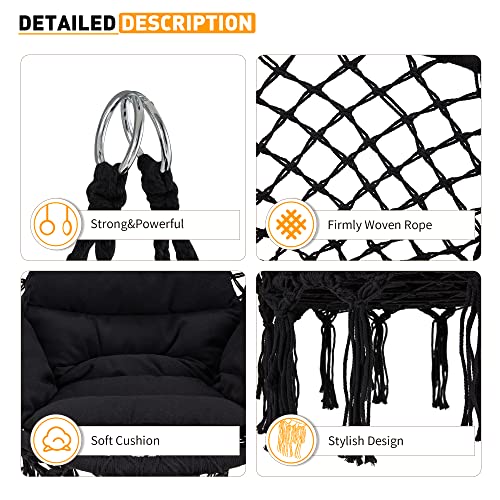 KROFEM Macrame Hammock Hanging Swinging Chair, Perfect for Bedroom, Porch, Kids, Adults, Balcony with Thick Cushion Black (Ceiling Mounting Hardware Not Included)