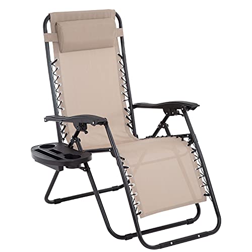FDW Zero Gravity Chair,Zero Gravity Lounge Chair,1 Pack Folding Lawn Chair Adjustable Reclining Patio Chairs with Pillow and Side Table for Pool Yard with Cup Holder (Tan)