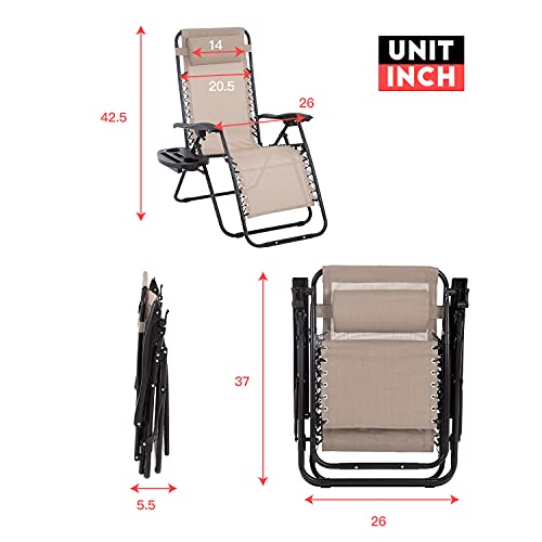 FDW Zero Gravity Chair,Zero Gravity Lounge Chair,1 Pack Folding Lawn Chair Adjustable Reclining Patio Chairs with Pillow and Side Table for Pool Yard with Cup Holder (Tan)