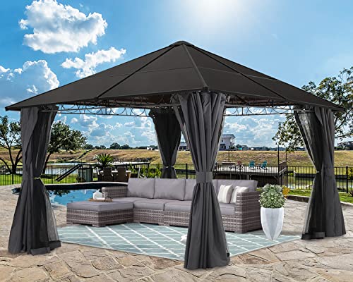 COOSHADE 10×10 Hardtop Patio Gazebos Waterproof Outdoor Gazebo with Curtains and Mosquito Netting (Dark Grey)