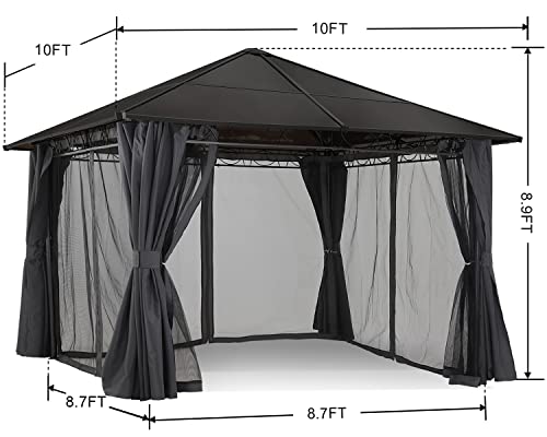 COOSHADE 10×10 Hardtop Patio Gazebos Waterproof Outdoor Gazebo with Curtains and Mosquito Netting (Dark Grey)