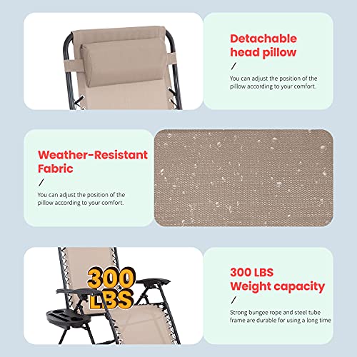FDW Zero Gravity Chair,Zero Gravity Lounge Chair,1 Pack Folding Lawn Chair Adjustable Reclining Patio Chairs with Pillow and Side Table for Pool Yard with Cup Holder (Tan)