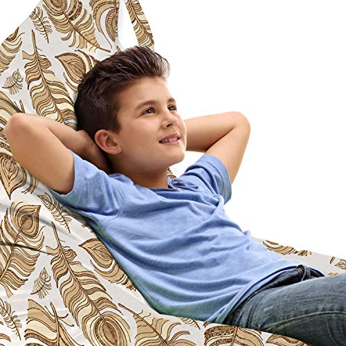 Lunarable Beige Lounger Chair Bag, Hand-Drawn Romantic Feathers Vintage Pattern as Repeating Tiles Print, High Capacity Storage with Handle Container, Lounger Size, Beige Tan White