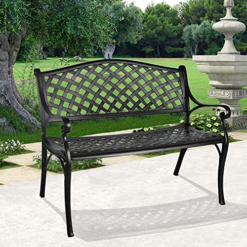 Grepatio Outdoor Patio Garden Bench All-Weather Cast Aluminum Loveseats Park Yard Furniture Porch Chair Work Entryway Decor w/Checkered Design(Black)