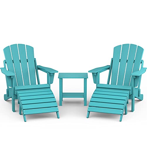 SERWALL 5-Piece Adirondack Chair and Ottoman and Table Set, Weather Resistant Adjustable Backrest Adirondack Chair with Ottoman and Side Table, Adirondack Chair for Backyard, Garden, Deck, Cyan Blue
