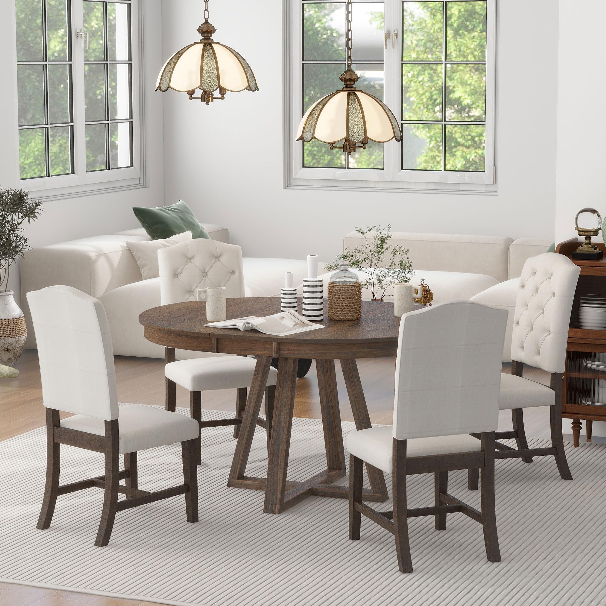 Merax Wood Extendable Round Kitchen Table and Chairs Set for 4-6 Persons Farmhouse Round Dining Table Set for Small Space, WalnutWash
