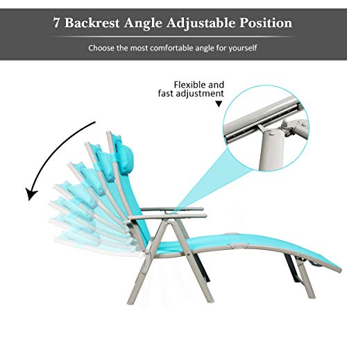 Tangkula 2 PCS Outdoor Folding Chaise Lounge Chair, Lightweight Recliner Chair w/ 7 Adjustable Backrest Positions, Patio Reclining Beach w/Removable Cushion & Pillow for Patio Poolside (Turquoise)