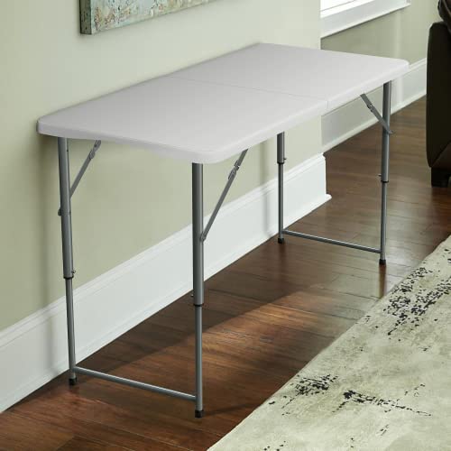 SKOK Folding Table 4 Foot Adjustable Height, Plastic Foldable Table Portable with Carry Handle, Utility Commercial Craft Card Table with Heavy Duty Frame for Picnic, Dining and Events, White