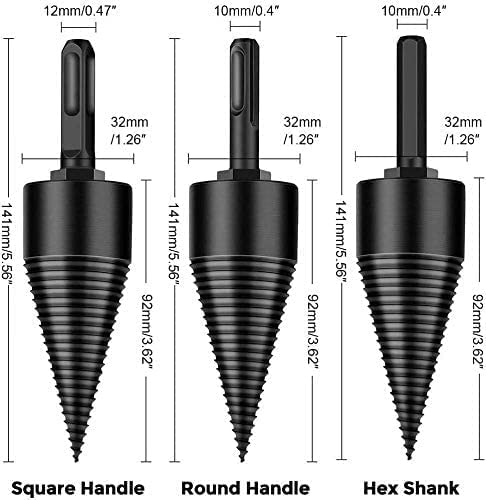 Firewood Log Splitter, 3pcs Drill Bit Removable Cones Kindling Wood Splitting Logs Bits Duty Electric Drills Screw Cone Driver Hex Square Round 32mm