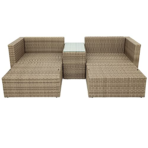 SAWQF Outdoor Patio Furniture 5-Pcs Set Wicker Rattan Sectional Sofa Set 2 Corner Chair+1 Tea Table+2 Ottoman Brown&Gray