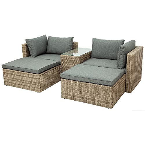 SAWQF Outdoor Patio Furniture 5-Pcs Set Wicker Rattan Sectional Sofa Set 2 Corner Chair+1 Tea Table+2 Ottoman Brown&Gray