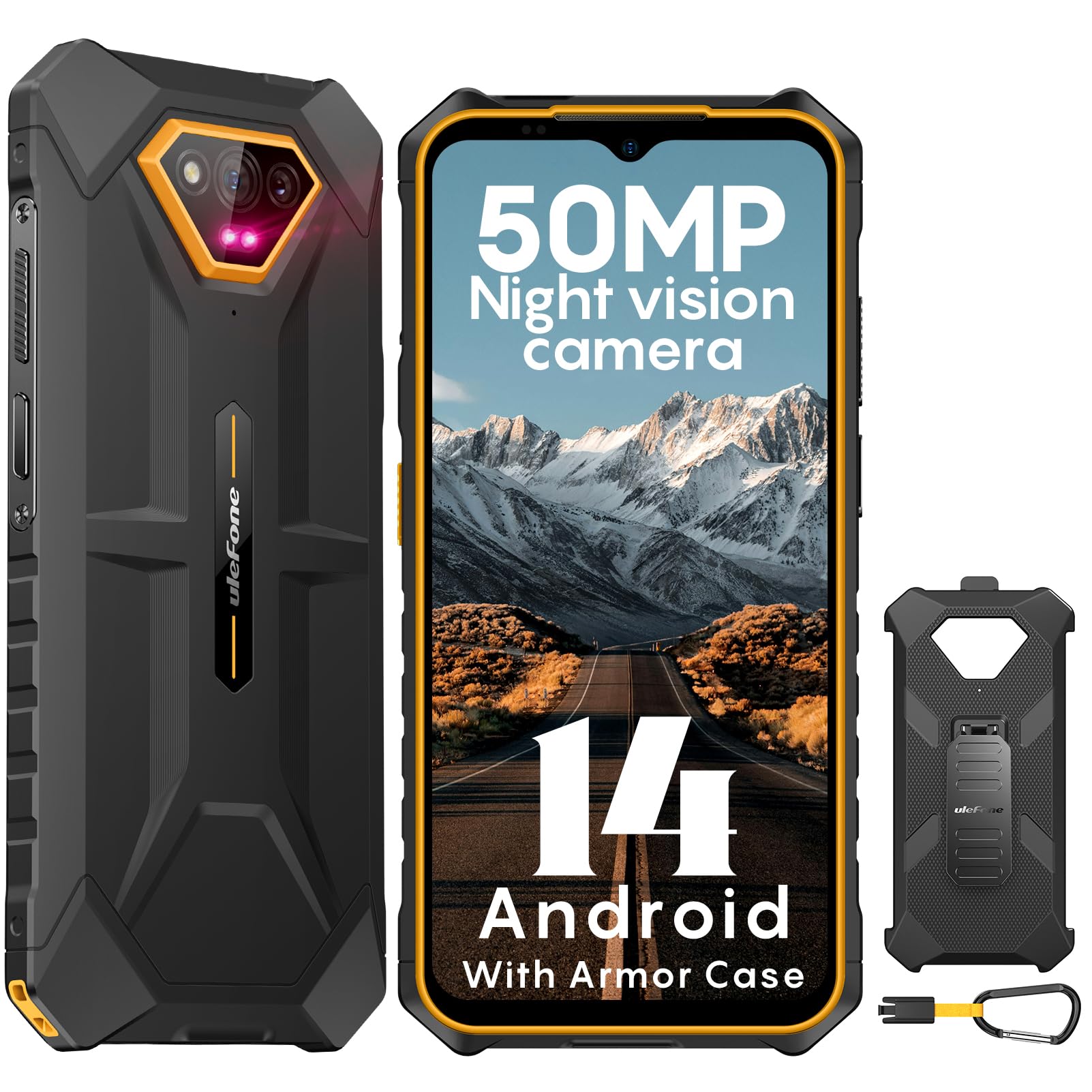 Ulefone Armor X13 (12+64GB) Unlocked Rugged Phones, 50MP Rear Camera, 24MP Night Vision Camera, Android 14 Rugged Smartphone, 6.52” Screen, 6320mAh, NFC, GPS, Package with Exclusive Armor Case- Orange