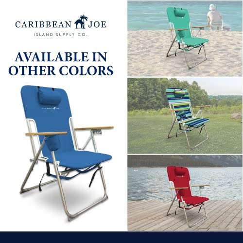 Caribbean Joe Folding Beach Chair, 4 Position Portable Backpack Foldable Camping Chair with Headrest, Cup Holder, and Wooden Armrests, Blue
