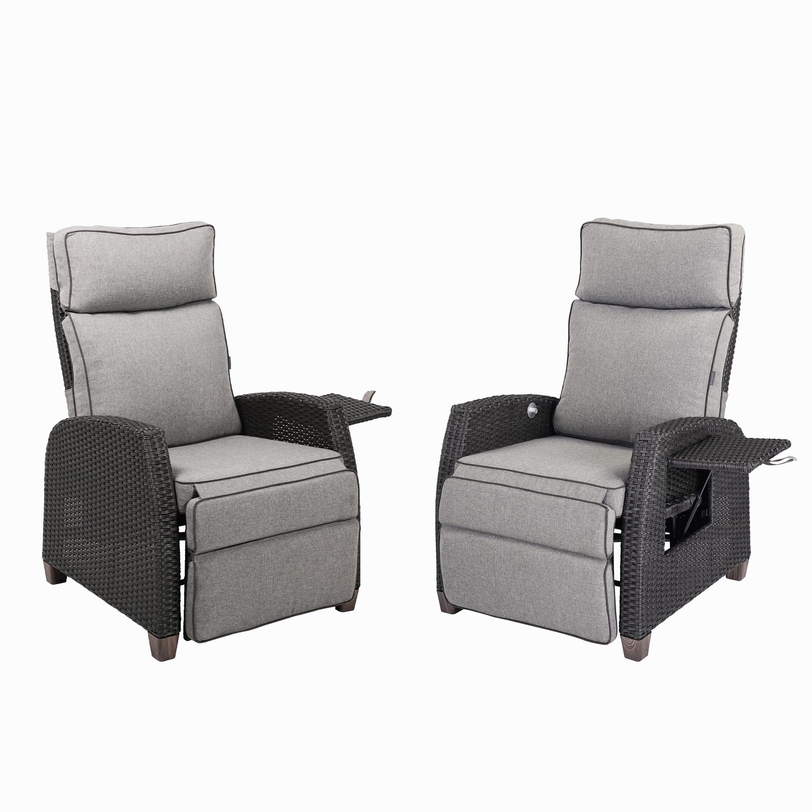 Grand patio Outdoor Reclining Chairs with Extended Footrest Adjustable WickerPatio Lounge Recliner up to 150° with Flip Side Table Cool Grey