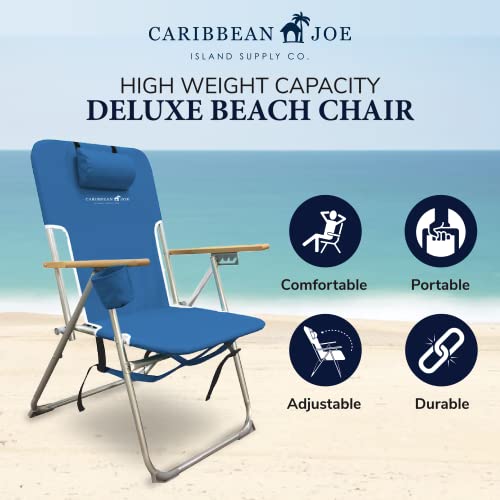 Caribbean Joe Folding Beach Chair, 4 Position Portable Backpack Foldable Camping Chair with Headrest, Cup Holder, and Wooden Armrests, Blue