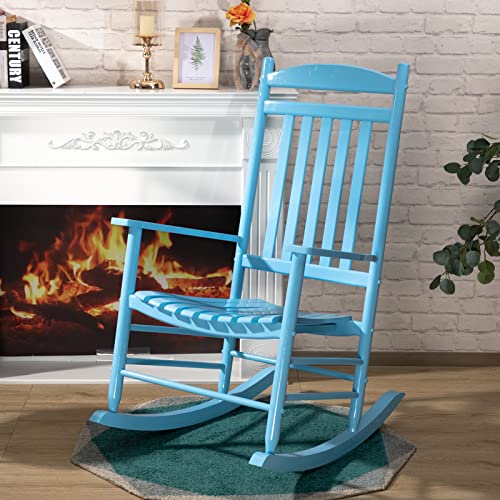 ALIMORDEN Solid Wood Porch Rocking Chair, High Back Slat Reclining Seat Patio Chair, Indoor Outdoor, Blue