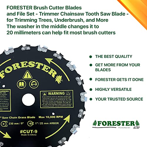 FORESTER Brush Cutter Blades and File Set - Trimmer Chainsaw Tooth Saw Blade - for Trimming Trees, Cutting String, Underbrush, and More - 20 Tooth 9" Circular Brush Blade with 3/16" File
