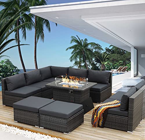 NICESOUL® Large Size PE Rattan 10 Seats Patio Furniture Sectional Sofa Sets with Fire Pit Table Gray Outdoor Wicker Conversation Sets Modern Luxury