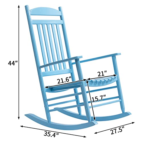ALIMORDEN Solid Wood Porch Rocking Chair, High Back Slat Reclining Seat Patio Chair, Indoor Outdoor, Blue