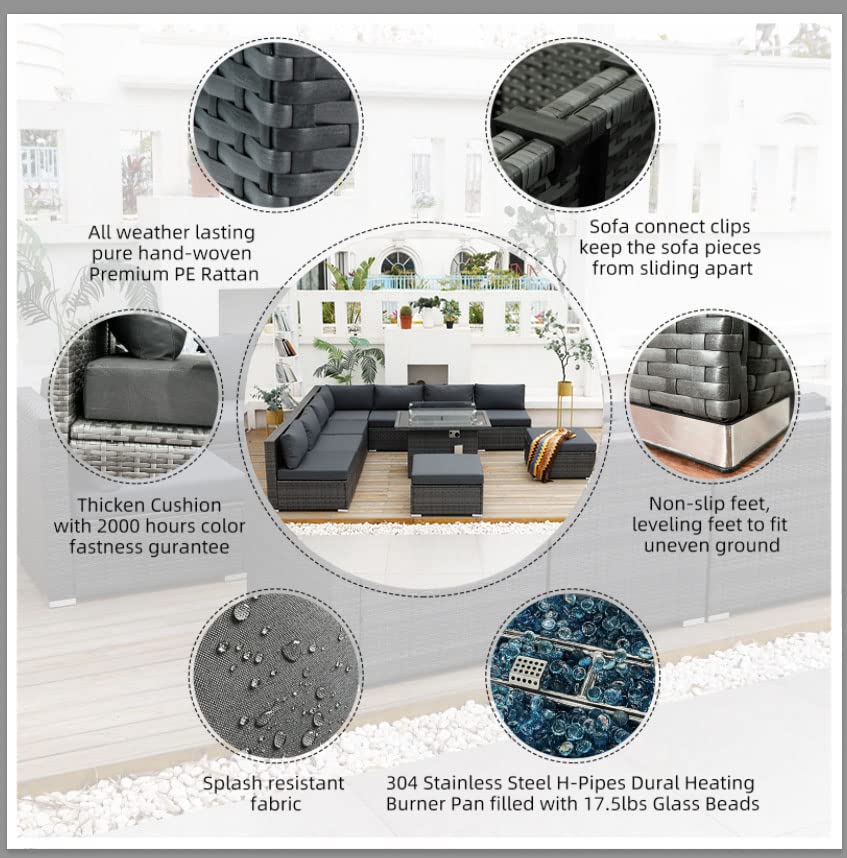 NICESOULĀ® Large Size PE Rattan 10 Seats Patio Furniture Sectional Sofa Sets with Fire Pit Table Gray Outdoor Wicker Conversation Sets Modern Luxury
