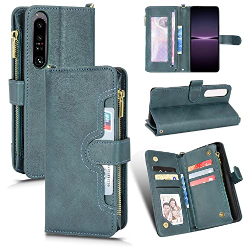 YJZSKRXFAK Magnetic Zipper Wallet Leather Case with Lanyard for Sony Xperia 1 III Cash Pocket with 6-8 Card Slots Holder Wrist Strap Cover for Sony Xperia 1 III Green