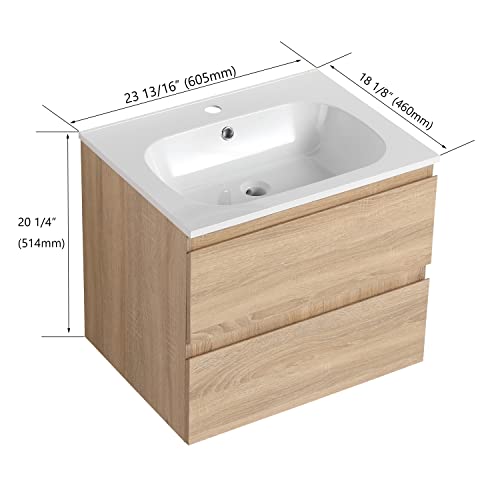 Kootlena Wall Mounted Bathroom Vanity with Sink Combo, Modern 24" Bathroom Vanity Set with Top Basin & 2 Storage Drawers, Floating Bath Storage Cabinet w/Gel Sink