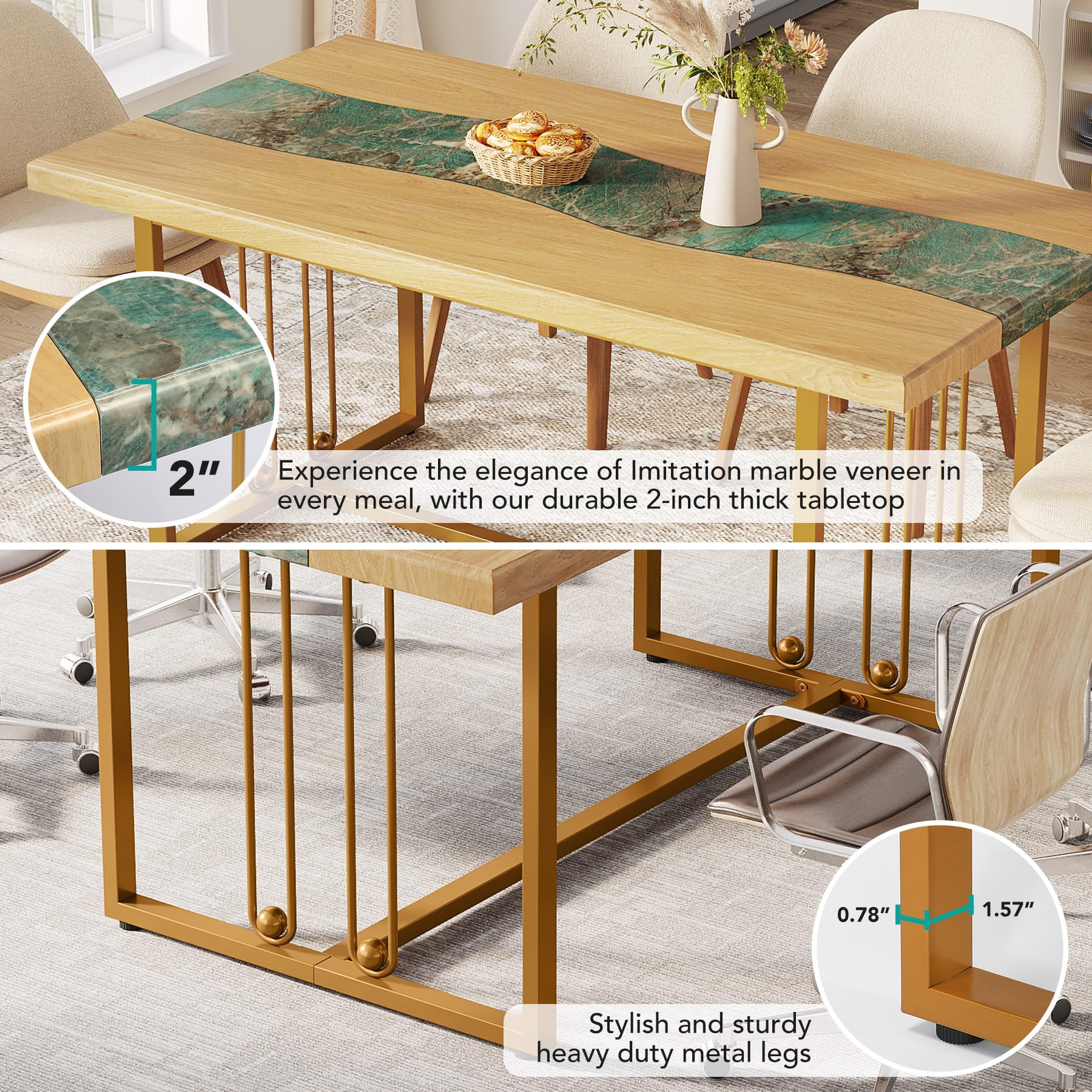 Tribesigns 63 Inches Conference Table with Amazonian Green Faux Marble & Light Brown Finish, Modern 5FT Meeting Tables with Stylish Metal Legs, Rectangular Business Seminar Training Table