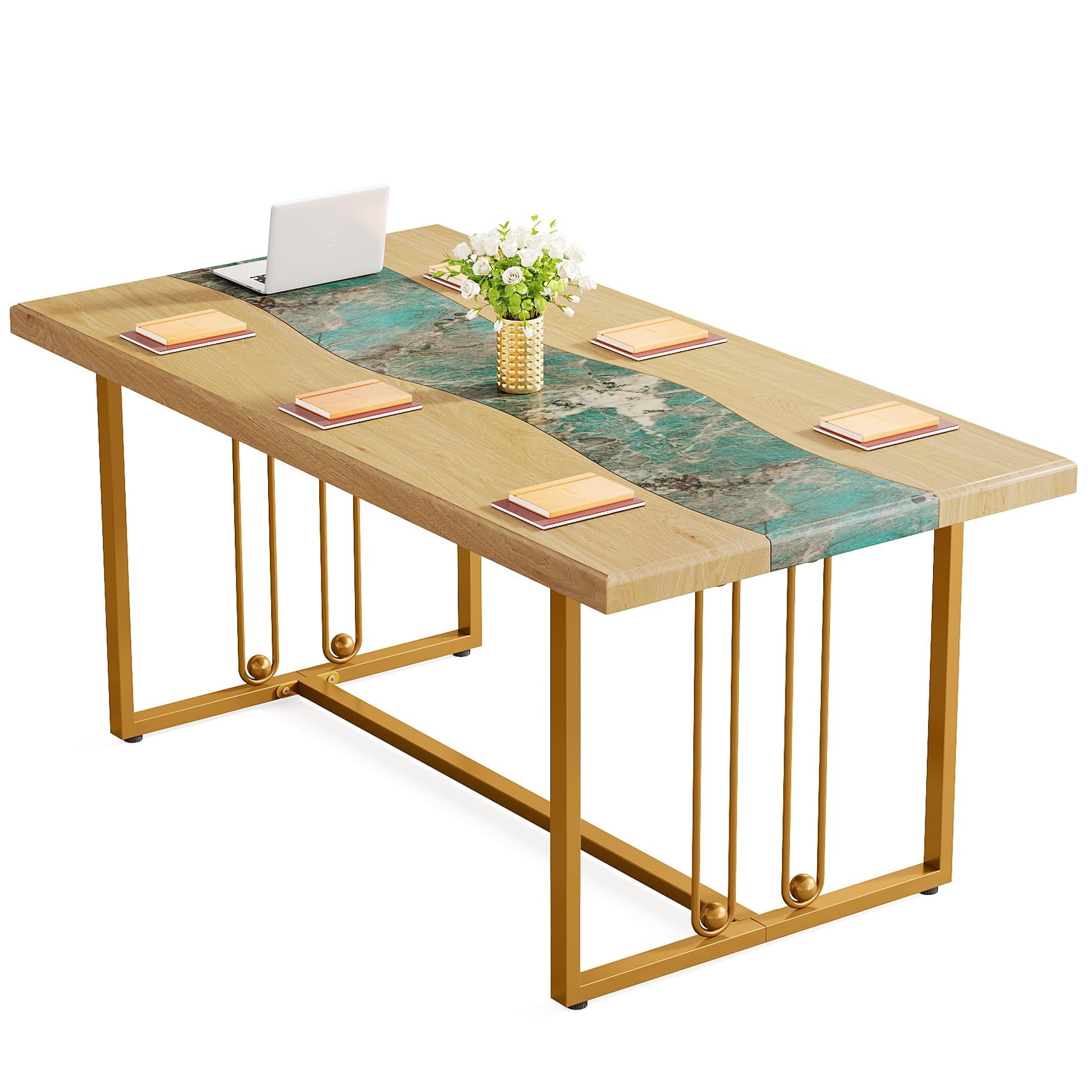 Tribesigns 63 Inches Conference Table with Amazonian Green Faux Marble & Light Brown Finish, Modern 5FT Meeting Tables with Stylish Metal Legs, Rectangular Business Seminar Training Table