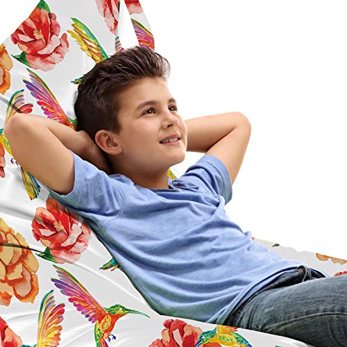 Lunarable Hummingbird Lounger Chair Bag, Hand Drawn Watercolor Illustration with Blooming Flowers Tropical, High Capacity Storage with Handle Container, Lounger Size, Orange Vermilion Green