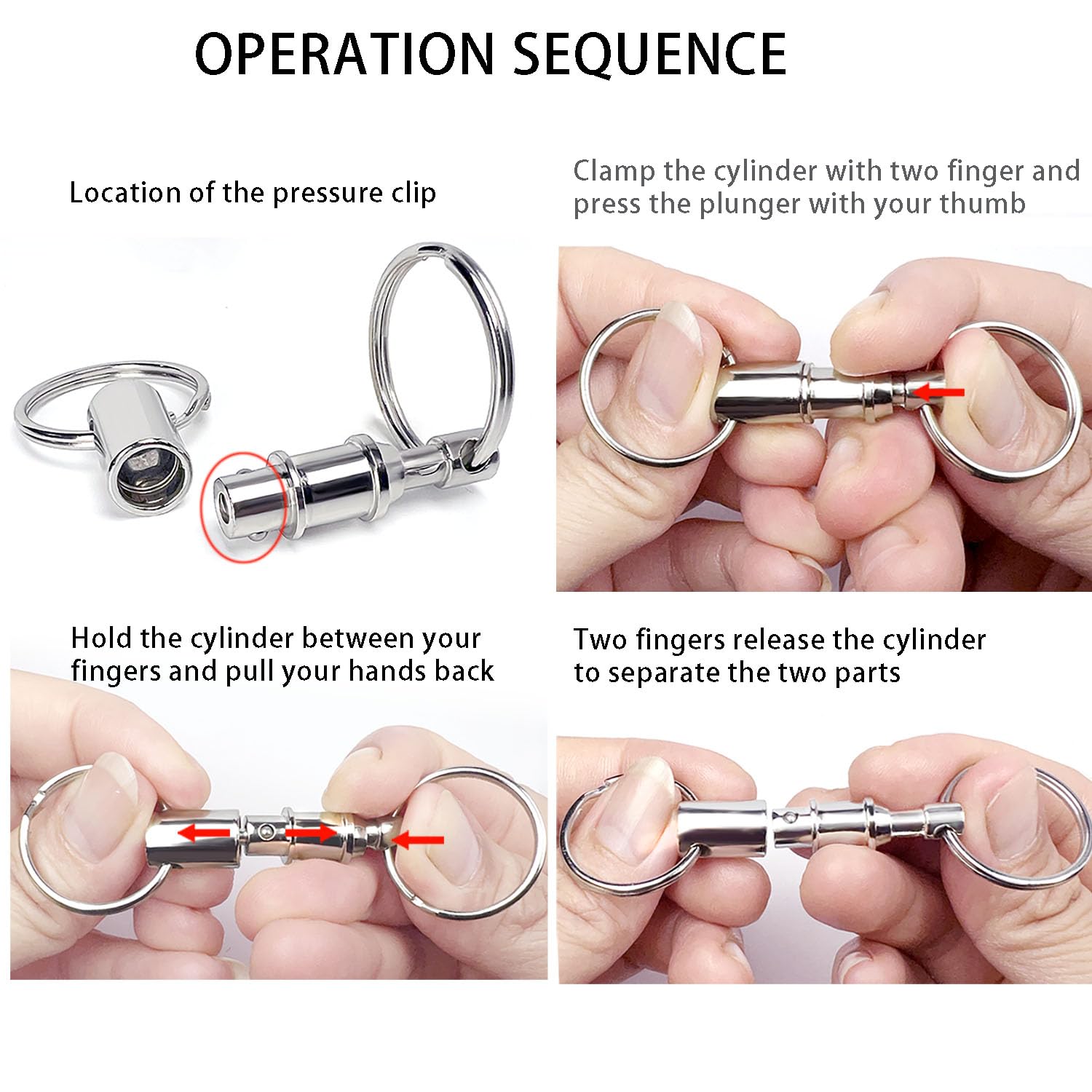 Tenalleys 4 Pack Quick Release Keychain Detachable Pull Apart Keychain Dual Pull Apart Key Chain(Silver)