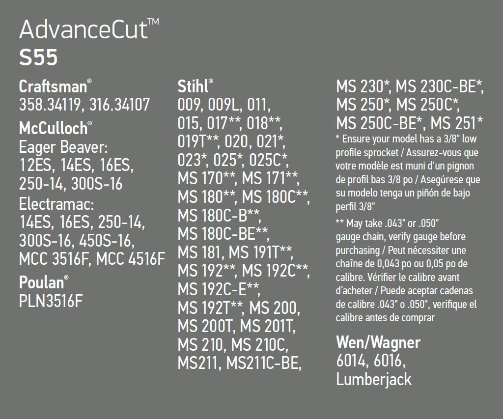 Oregon S55 AdvanceCut Chainsaw Chain for 16-Inch Bar -55 Drive Links β low-kickback chain fits McCulloch, Stihl, Wagner and more