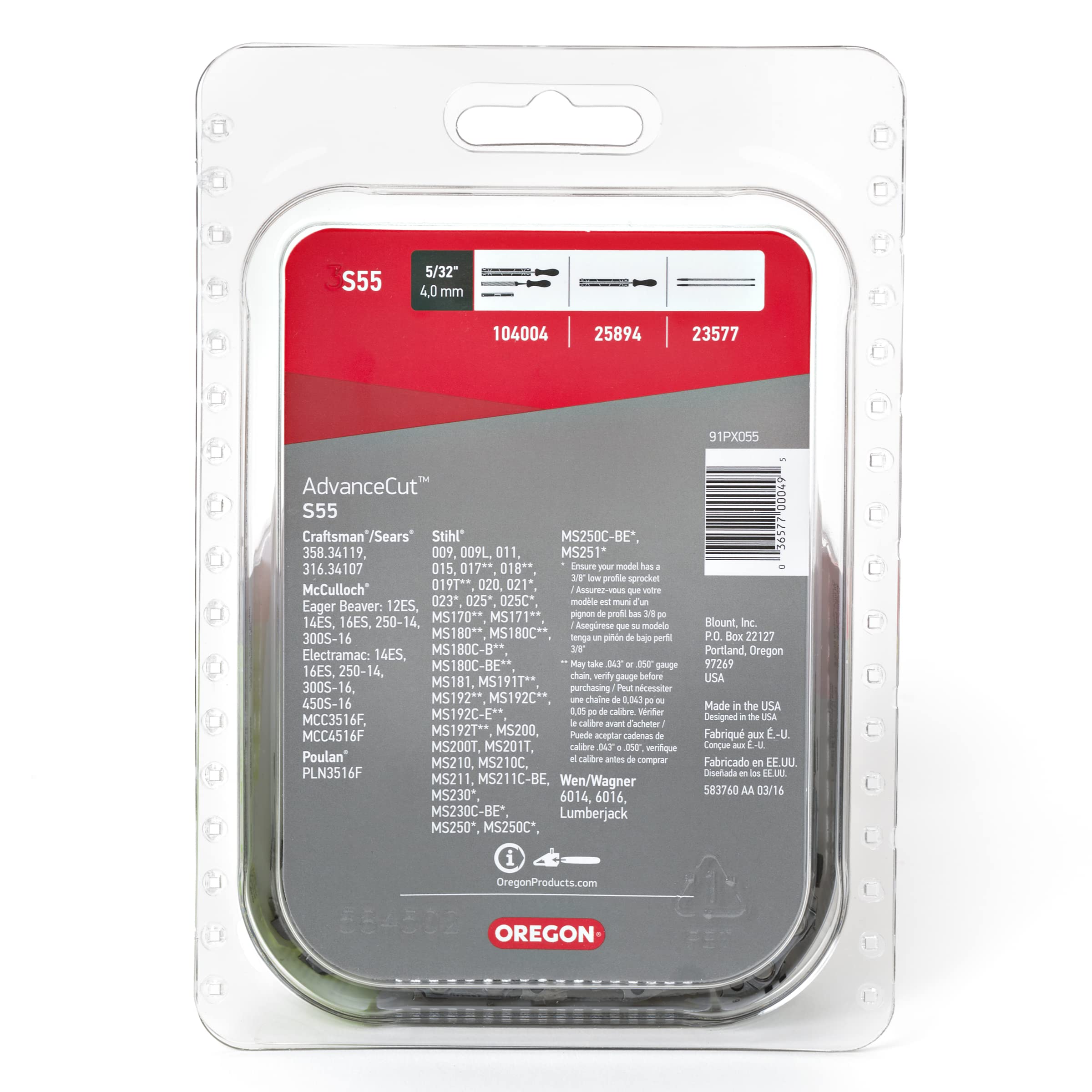 Oregon S55 AdvanceCut Chainsaw Chain for 16-Inch Bar -55 Drive Links β low-kickback chain fits McCulloch, Stihl, Wagner and more