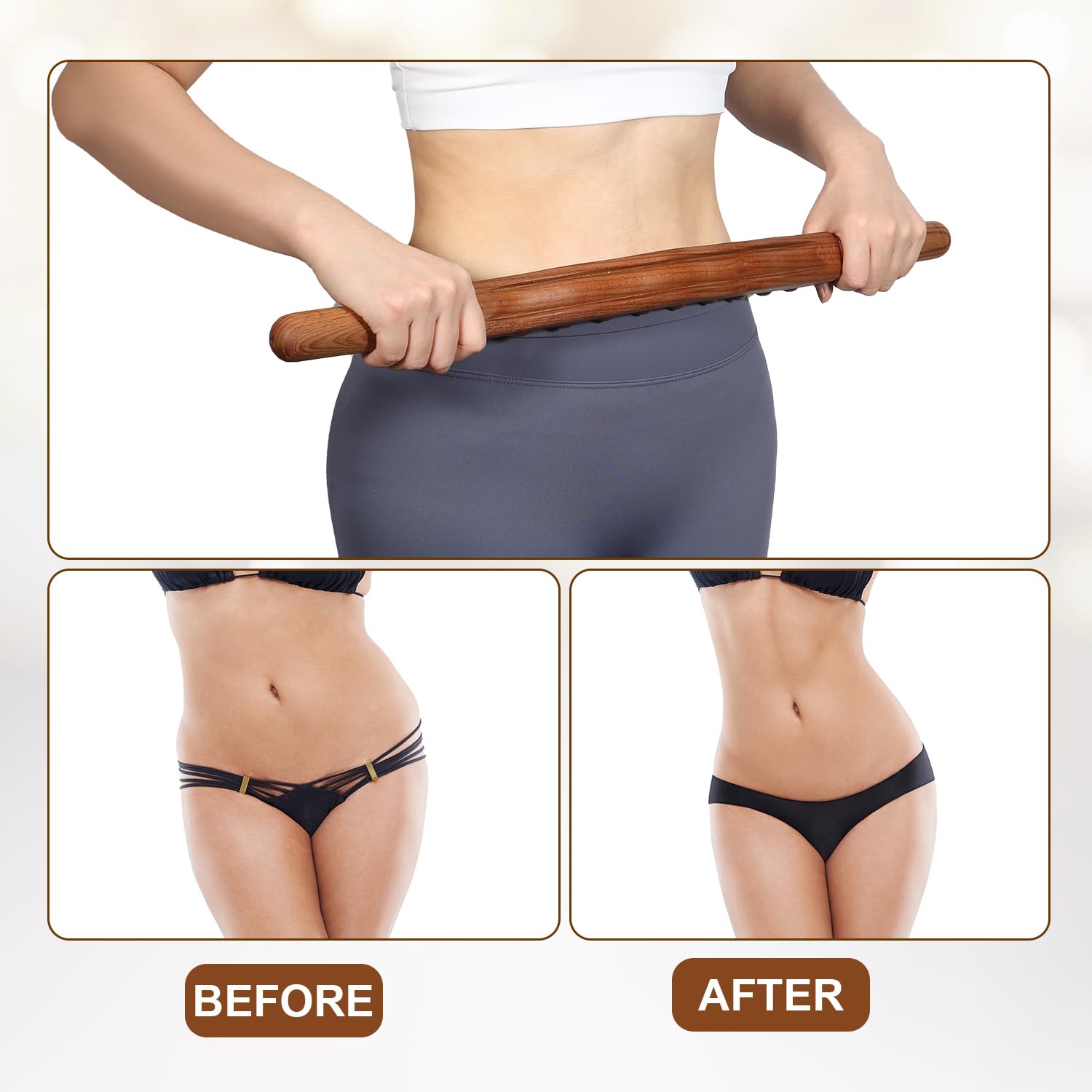 Wood Therapy Guasha Wood Stick Massage Tools, Lymphatic Drainage Massage Stick, Stomach Cellulite Massager, Myofascial Release Tool, Ease Pain Self Body Sculpting, Mountable Handle Double Row 20 Beads