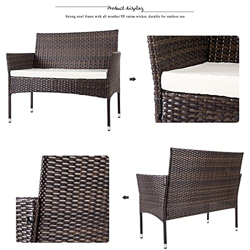 SAWQF 4Pcs Outdoor Garden Patio Furniture Set Rattan Include 1 2-Seat Sofa+2 Arm Chairs+1 Tea Table Brown w/White Cushion
