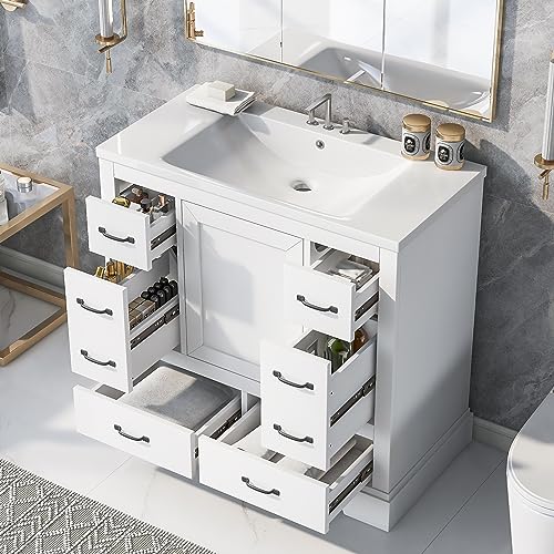 Merax 36" Bathroom Vanities Sink Set, Ceramic Undermount Top, Freestanding Cabinet with Door and Multi-Functional Drawers, Storage Divider, White