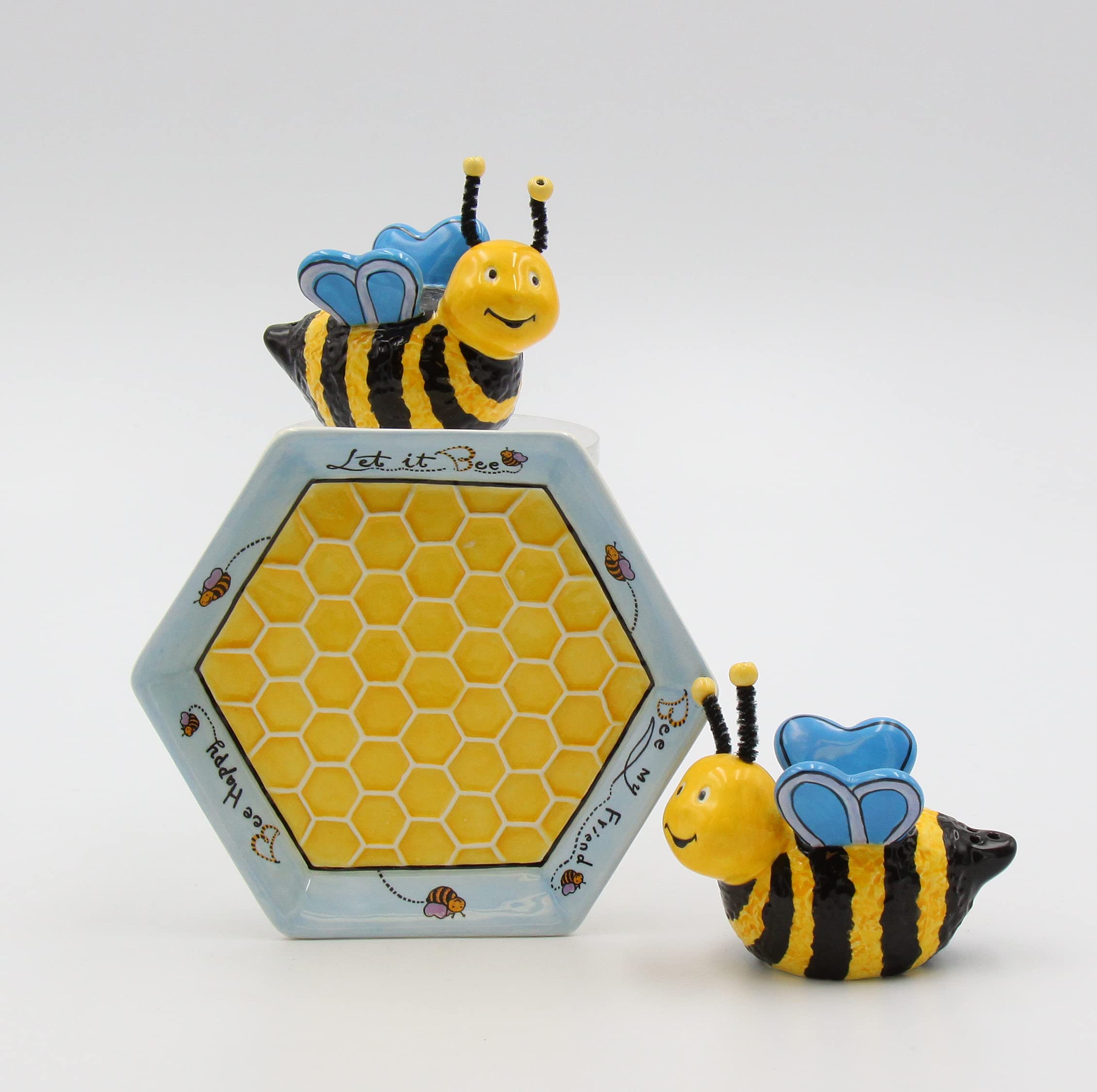 Appletree 2-Inch Ceramic Bee Salt and Pepper with Honeycombed Tray, Yellow