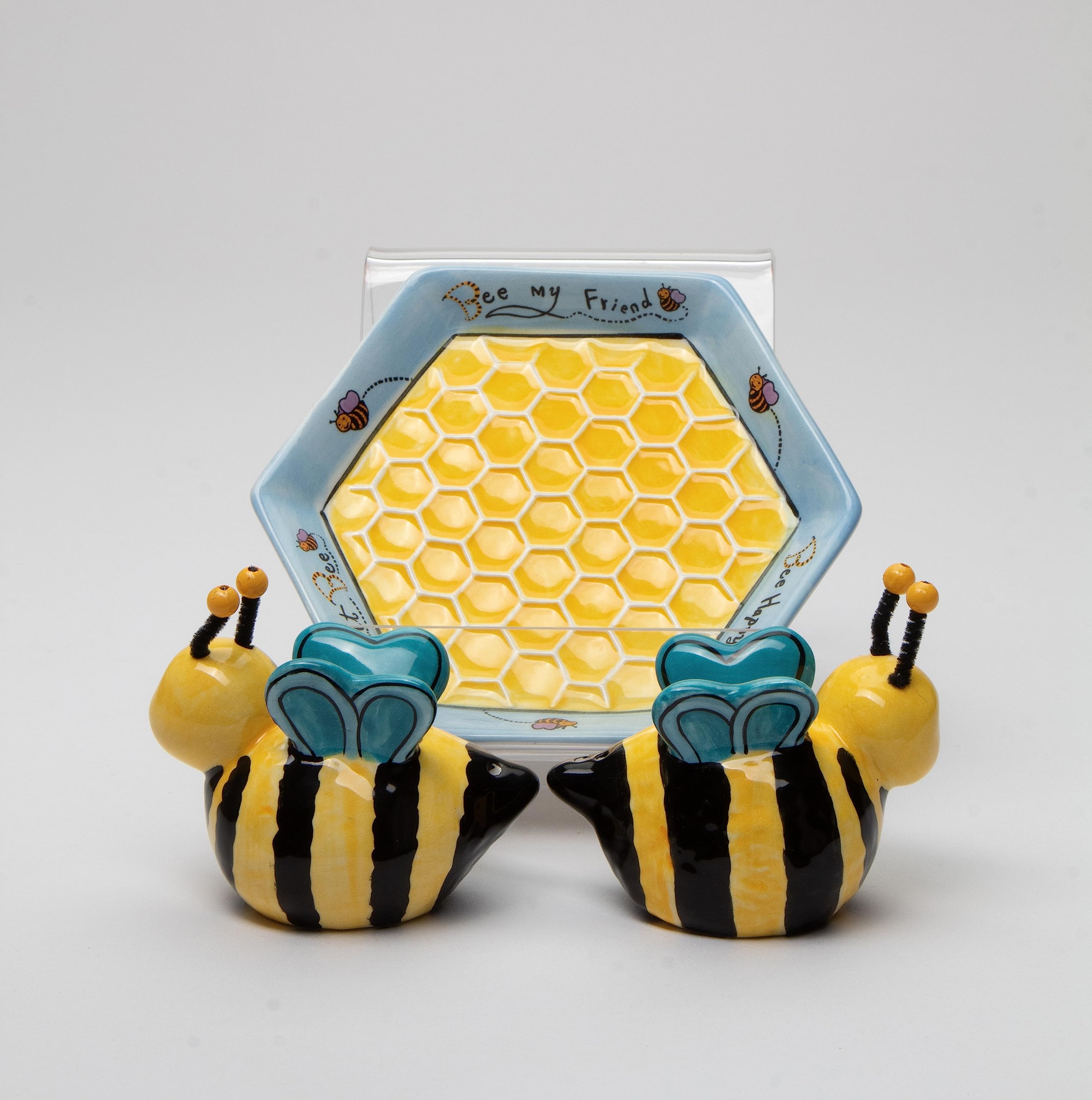 Appletree 2-Inch Ceramic Bee Salt and Pepper with Honeycombed Tray, Yellow