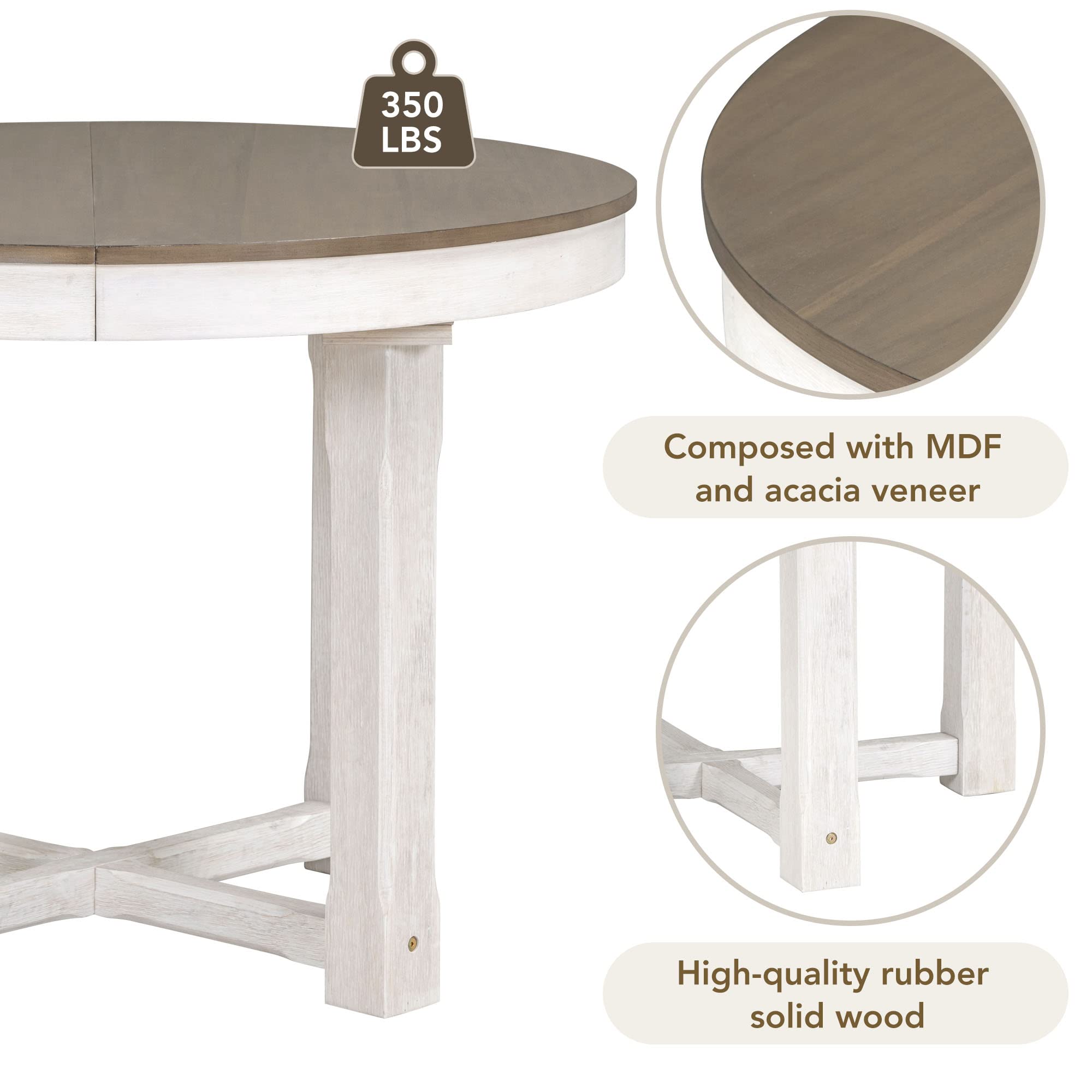 BIADNBZ 5-Piece Dining Table Sets for 4,Including Two-Size Round to Oval Extendable Butterfly Leaf Wood Tabletop and 4 Upholstered Chairs with Armrests for Home&Kitchen DiningRoom,Brown+White