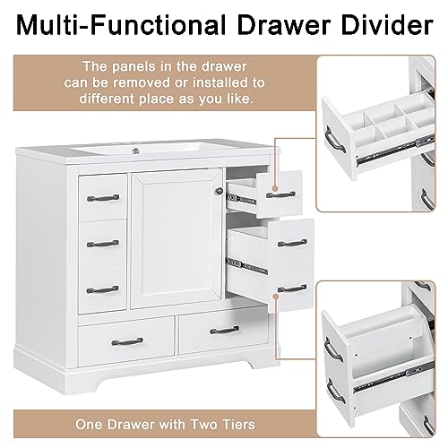 Merax 36" Bathroom Vanities Sink Set, Ceramic Undermount Top, Freestanding Cabinet with Door and Multi-Functional Drawers, Storage Divider, White