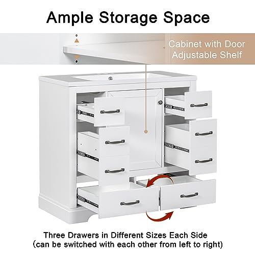 Merax 36" Bathroom Vanities Sink Set, Ceramic Undermount Top, Freestanding Cabinet with Door and Multi-Functional Drawers, Storage Divider, White