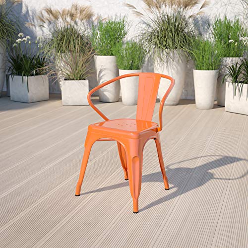 EMMA + OLIVER Commercial Grade Orange Metal Indoor-Outdoor Chair with Arms