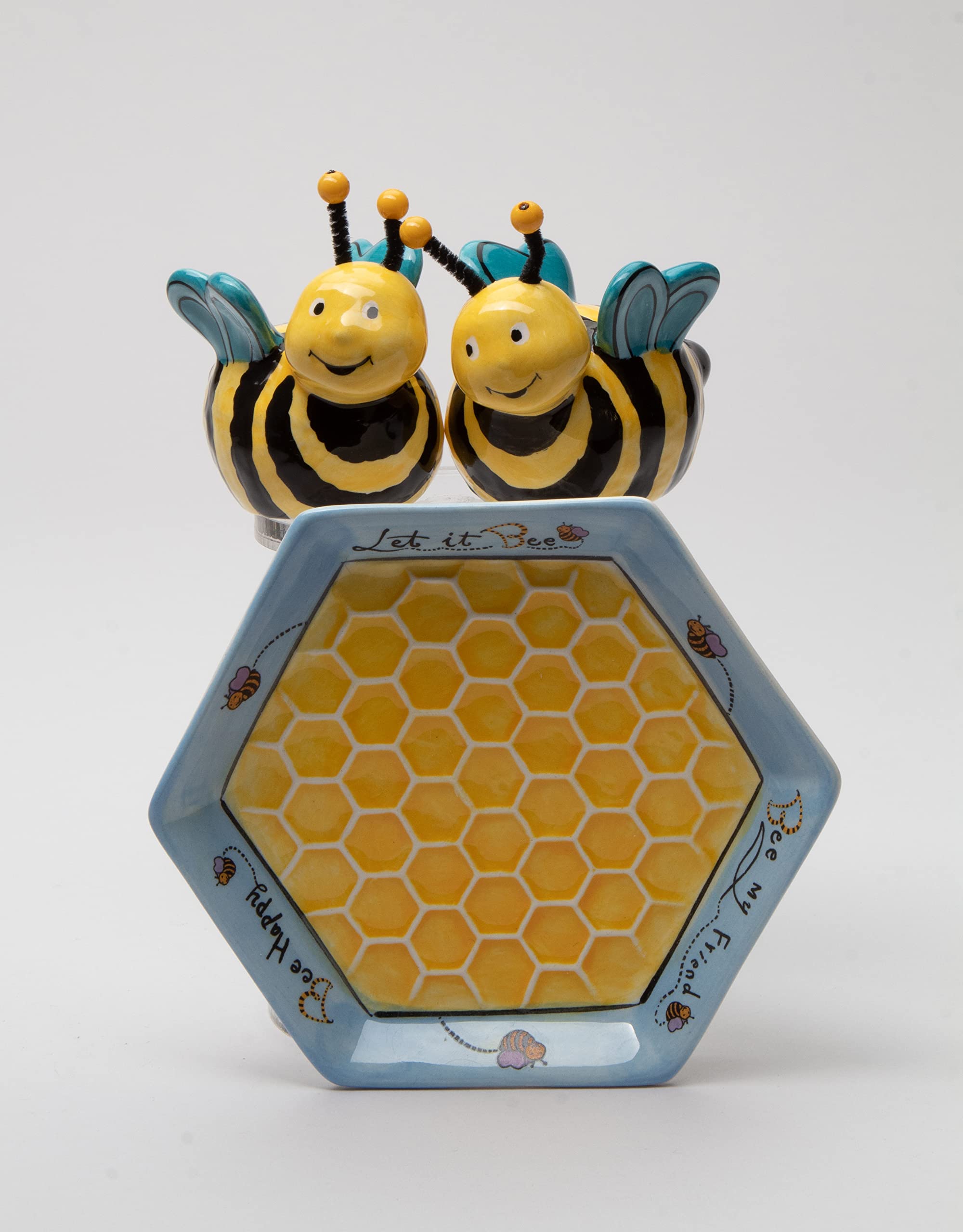 Appletree 2-Inch Ceramic Bee Salt and Pepper with Honeycombed Tray, Yellow